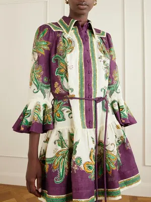 ALEMAIS Belted Ruffled Floral-print Linen Midi Dress - Multi