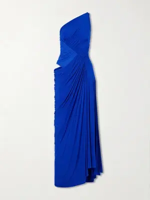Alex Perry One-shoulder Gathered Mesh And Jersey Gown - Blue