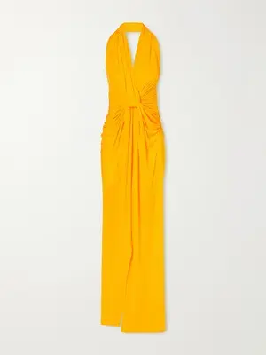 Alex Perry Halterneck Ruched Jersey Gown - Yellow