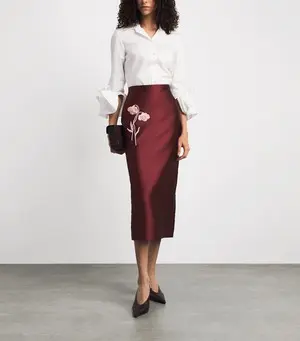 Erdem Embroidered Mikado Midi Pencil Skirt