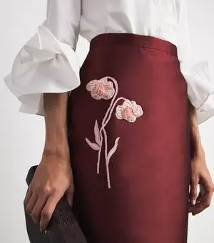 Erdem Embroidered Mikado Midi Pencil Skirt