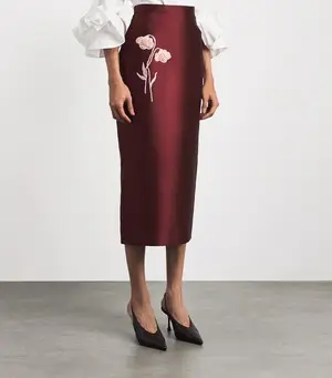 Erdem Embroidered Mikado Midi Pencil Skirt
