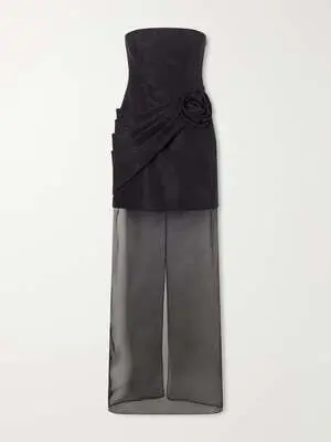 Carolina Herrera Strapless Pleated Appliquéd Organza-trimmed Silk-faille Gown - Black