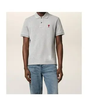 AMI Paris De Coeur Logo Embroidered Polo Shirt - Grey