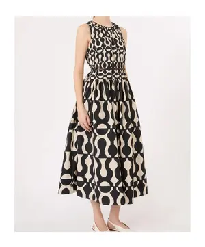 Max Mara Sleeveless Midi Dress With Flared Skirt In Printed Cotton Poplin - Black