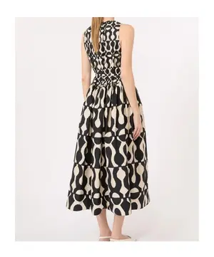 Max Mara Sleeveless Midi Dress With Flared Skirt In Printed Cotton Poplin - Black