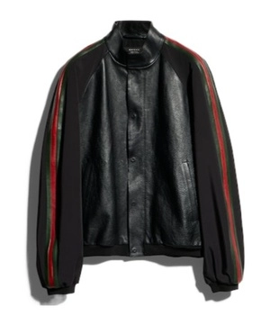 Gucci Leather Bomber Jacket With Web Detail - Black