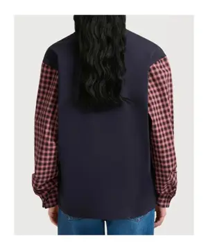 Marni Deep Blue Cotton T-shirt With Checked Shirt-sleeves