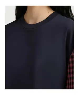 Marni Deep Blue Cotton T-shirt With Checked Shirt-sleeves