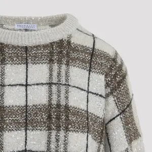 Brunello Cucinelli Long Sleeve Knit Top With Plaid Pattern