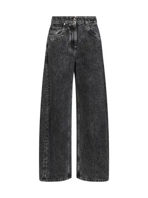Brunello Cucinelli Prince Of Wales Denim Wide Leg Trousers With Monili - Dark Grey