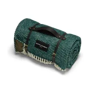 HEATING & PLUMBING LONDON Pure New Wool Picnic Blanket The Roadster Short Black Leather Strap - Green