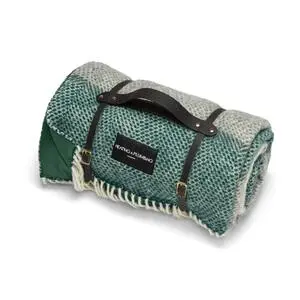 HEATING & PLUMBING LONDON Green / Grey Pure New Wool Picnic Blanket Down To The Valley Short Leather Strap - Green/grey