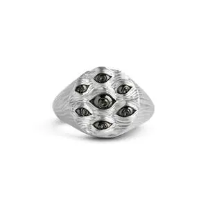 KASUN LONDON Eyes Of Many" Signet Ring In Sterling With Black Rhodium Plated Eyes - Silver