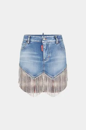 Dsquared2 Medium Wash Denim Mini Skirt With Crystal Fringe - Blue