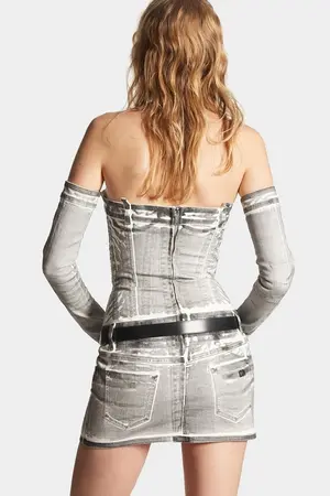 Dsquared2 Icon White Coal Wash Denim Bustier Dress