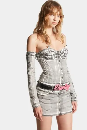 Dsquared2 Icon White Coal Wash Denim Bustier Dress