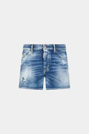 Dsquared2 Medium Wash Distressed Denim Shorts With Paint Splatter And Patch Detail