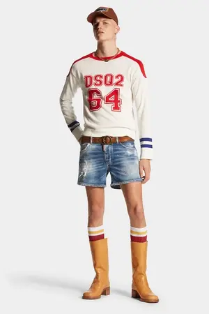 Dsquared2 Medium Wash Distressed Denim Shorts With Paint Splatter And Patch Detail
