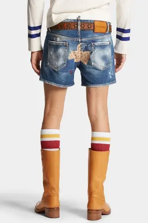 Dsquared2 Medium Wash Distressed Denim Shorts With Paint Splatter And Patch Detail