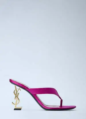 Saint Laurent Opyum Satin Thong Mule Sandals With Sculptural Logo Heel - Pink