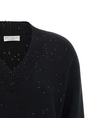 Brunello Cucinelli Cashmere Silk V-neck Sequined Sweater