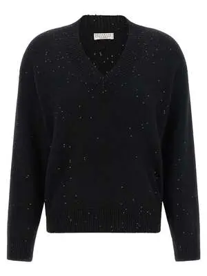 Brunello Cucinelli Cashmere Silk V-neck Sequined Sweater - Black