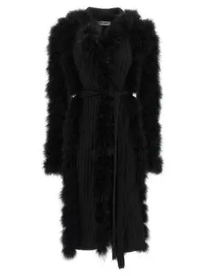 Attico Belted Feather-trimmed Knitted Coat - Black