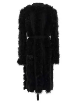 Attico Belted Feather-trimmed Knitted Coat