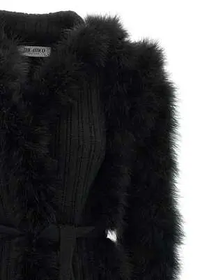 Attico Belted Feather-trimmed Knitted Coat