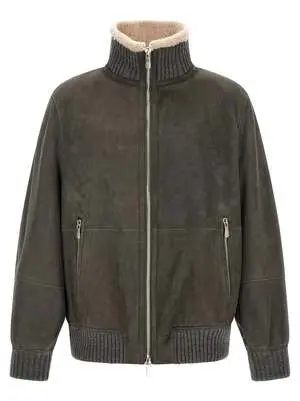 Brunello Cucinelli Lambskin Leather Jacket With Shearling Lining - Gray