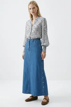 EXQUISE Blaize High Waist A-line Midi Denim Skirt