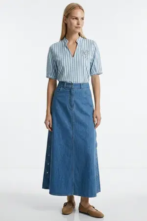 EXQUISE Blaize High Waist A-line Midi Denim Skirt