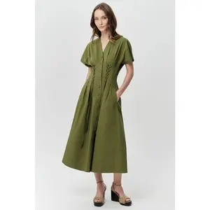 EXQUISE Andree V Neck Tie Waist Pocket Midi Dress - Khaki