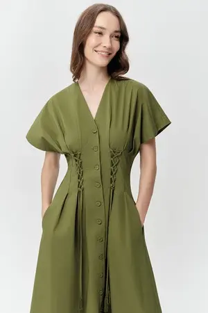 EXQUISE V-neck Midi Dress With Tie Waist And Pockets - Khaki