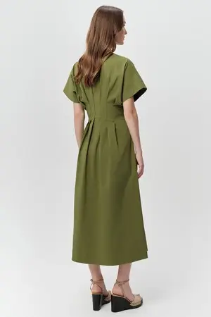 EXQUISE V-neck Midi Dress With Tie Waist And Pockets - Khaki