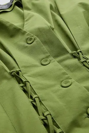 EXQUISE V-neck Midi Dress With Tie Waist And Pockets - Khaki