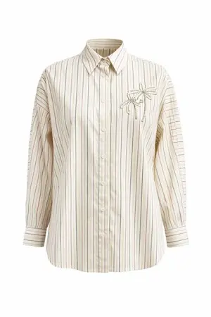 EXQUISE Striped Embroidered Long Sleeve Shirt
