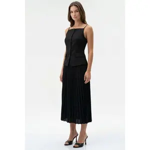 EXQUISE Sleeveless Linen Trim Midi Dress - Black