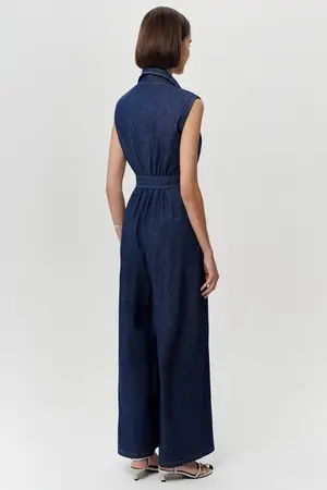 EXQUISE Sleeveless Zip-up Belted Denim Jumpsuit