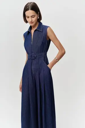 EXQUISE Sleeveless Zip-up Belted Denim Jumpsuit