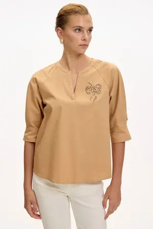 EXQUISE Katharine V-neck Embroidered Blouse - Camel