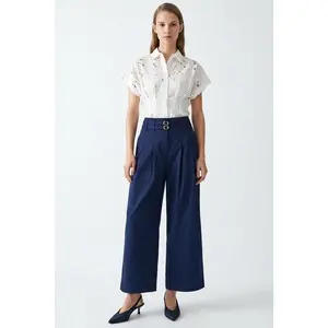 EXQUISE Mckenna Belted High-waisted Pleated Wide-leg Trousers - Navy