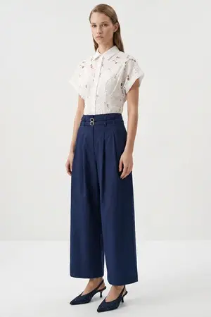 EXQUISE Mckenna Belted High-waisted Pleated Wide-leg Trousers - Navy