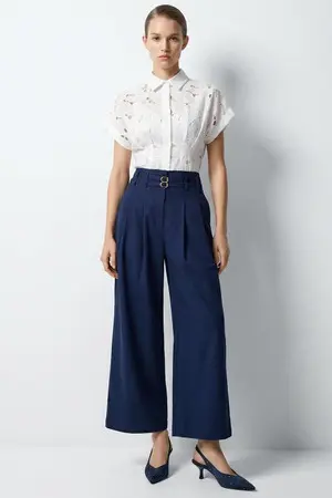 EXQUISE Mckenna Belted High-waisted Pleated Wide-leg Trousers - Navy