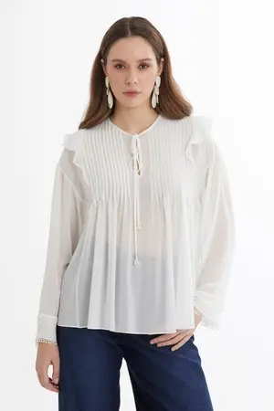 GIZIA Ecru Pintuck Detail Sheer Blouse
