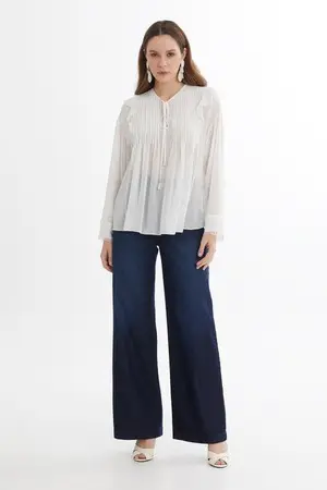 GIZIA Ecru Pintuck Detail Sheer Blouse