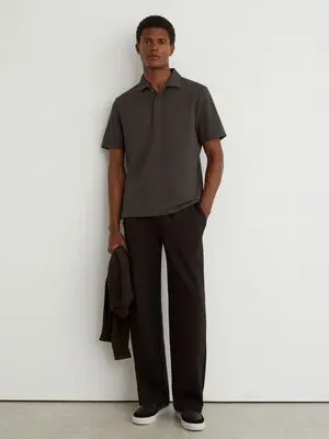 REISS Reed Textured Concealed-placket Polo Shirt - Brown