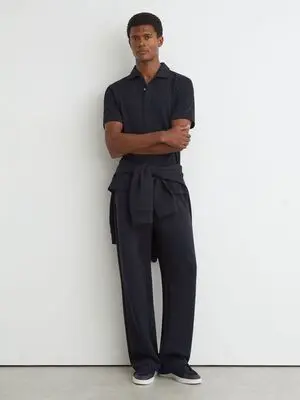 REISS Reed Textured Concealed-placket Polo Shirt - Navy