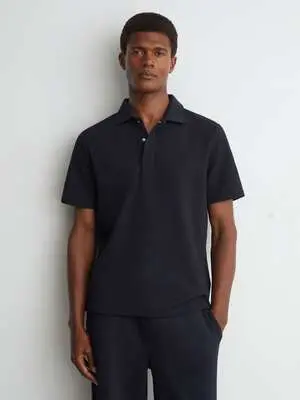 REISS Reed Textured Concealed-placket Polo Shirt - Navy